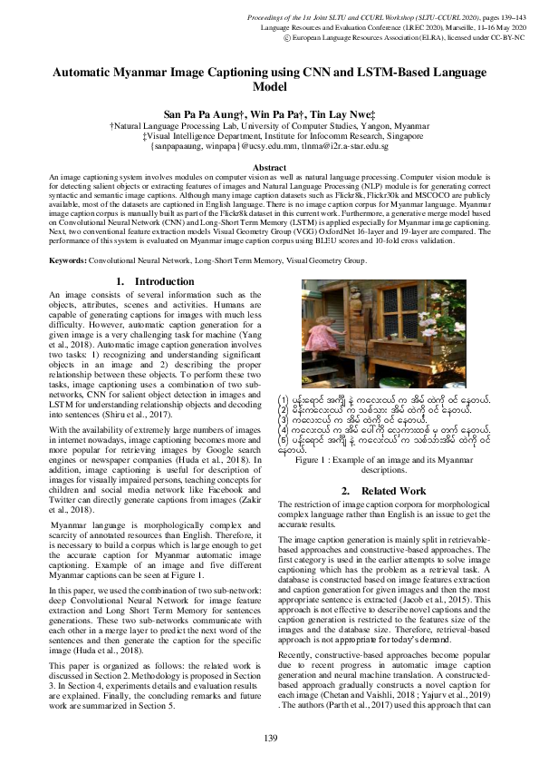 (PDF) Automatic Myanmar Image Captioning using CNN and LSTM-Based Language Model