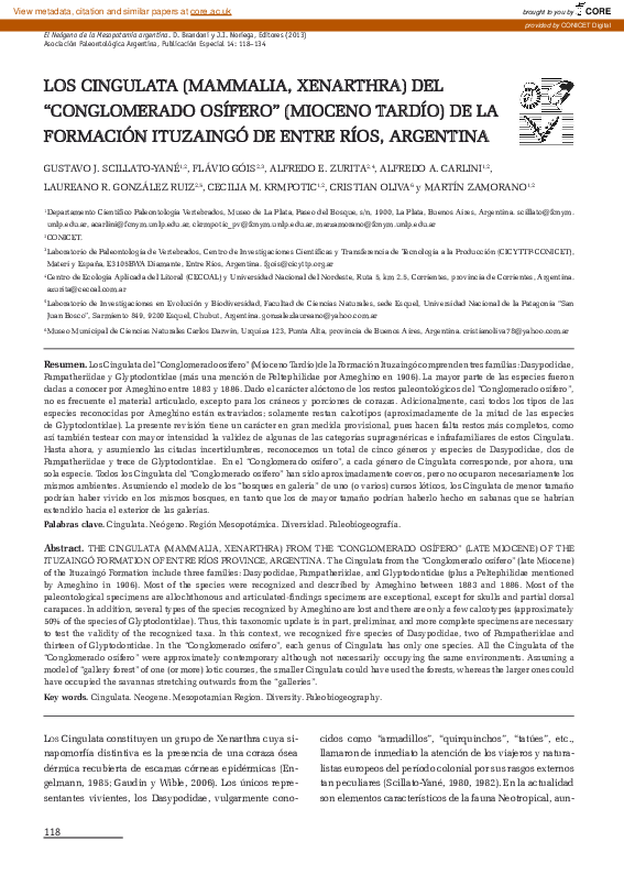 (PDF) The Cingulata (Mammalia, Xenarthra) from the “Conglomerado ...