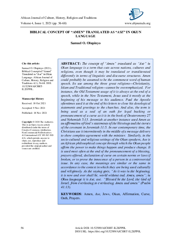 (PDF) Biblical Concept of “Amen” Translated as “Ase” in Okun Language