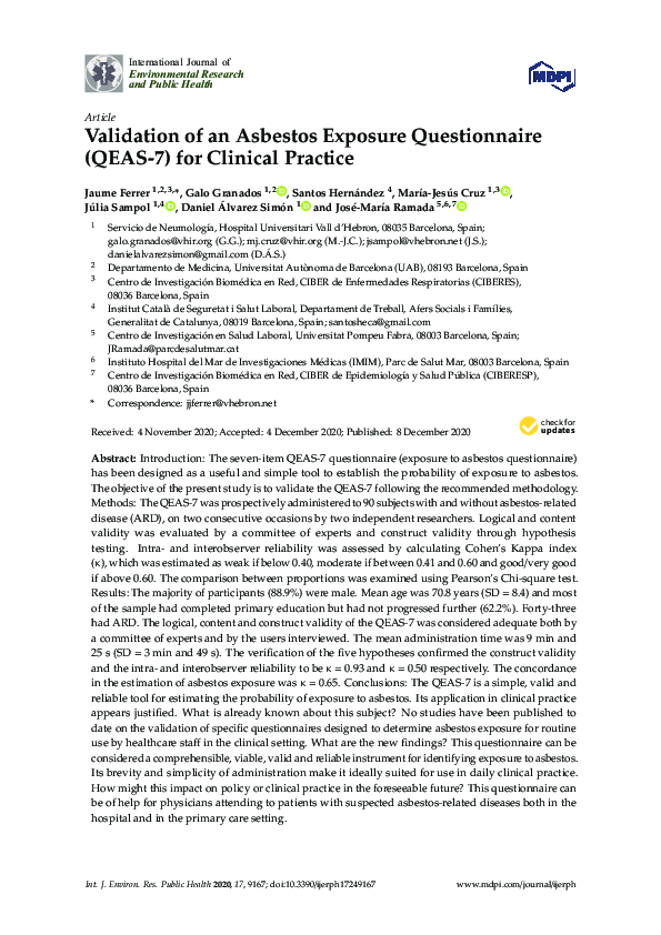 (PDF) Validation of an Asbestos Exposure Questionnaire (QEAS-7) for ...