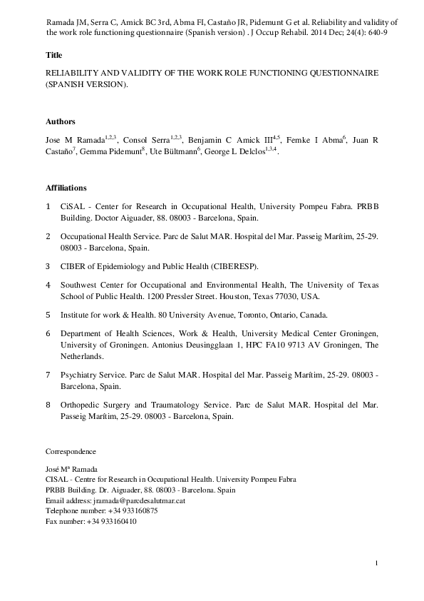 (PDF) Reliability and Validity of the Work Role Functioning Questionnaire (Spanish Version)