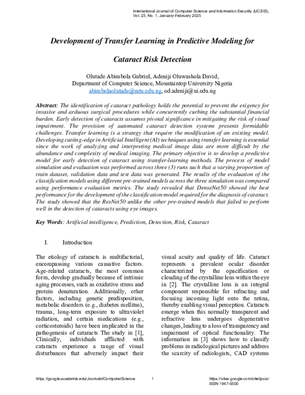(PDF) Development of Transfer Learning in Predictive Modeling for Cataract Risk Detection