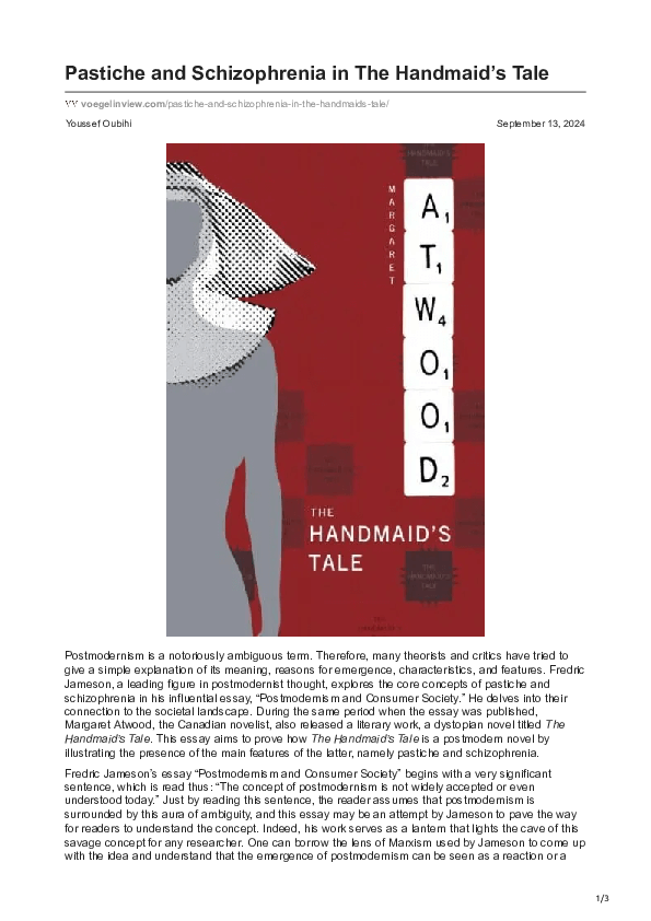 (PDF) Pastiche and Schizophrenia in The Handmaid's Tale
