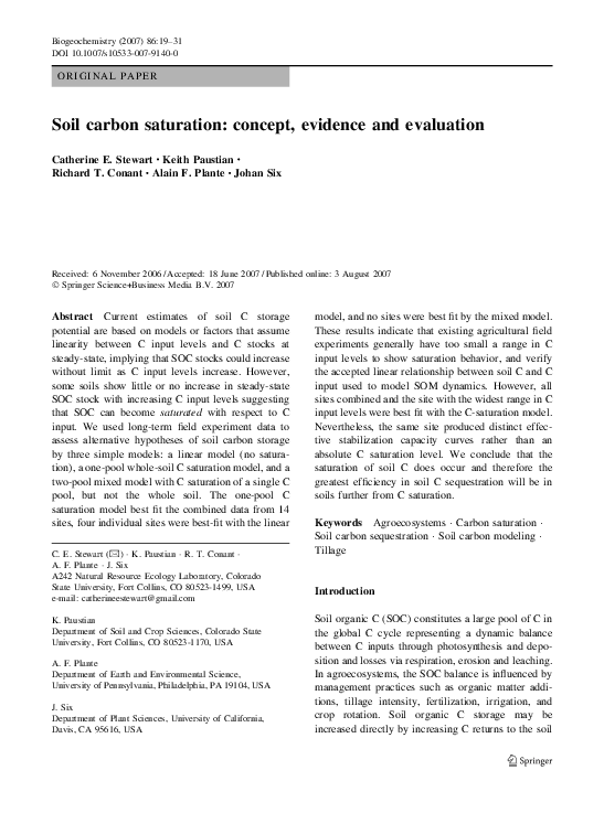 (PDF) Soil carbon saturation: concept, evidence and evaluation