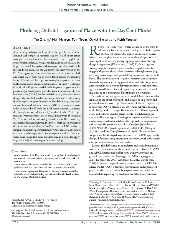 (PDF) Modeling Deficit Irrigation of Maize with the DayCent Model