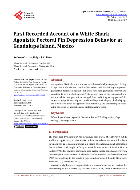 (PDF) First Recorded Account of a White Shark Agonistic Pectoral Fin ...
