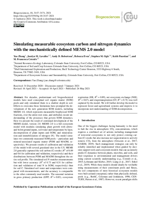 (PDF) Simulating measurable ecosystem carbon and nitrogen dynamics with the mechanistically ...