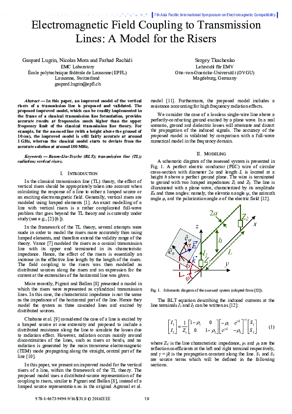 Pdf Electromagnetic Field Coupling To Transmission Lines A Model For The Risers