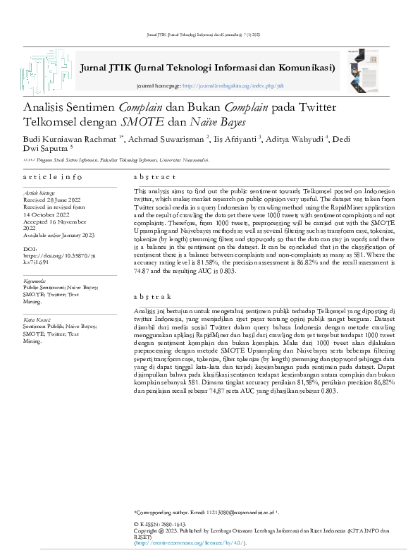 (PDF) Analisis Sentimen Complain dan Bukan Complain pada Twitter Telkomsel dengan SMOTE dan ...