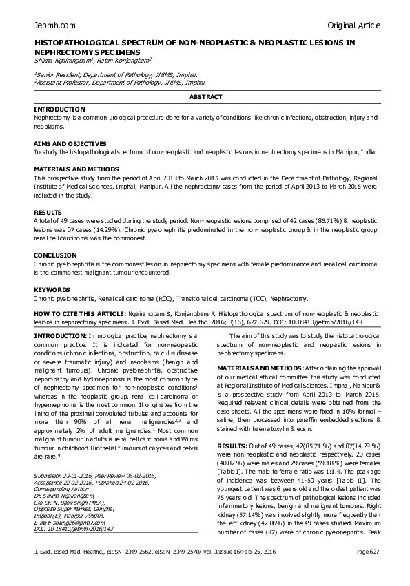(PDF) HISTOPATHOLOGICAL SPECTRUM OF NON-NEOPLASTIC & NEOPLASTIC LESIONS ...
