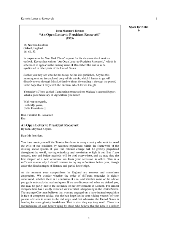 (PDF) An Open Letter to President Roosevelt (1933) - John Maynard Keynes
