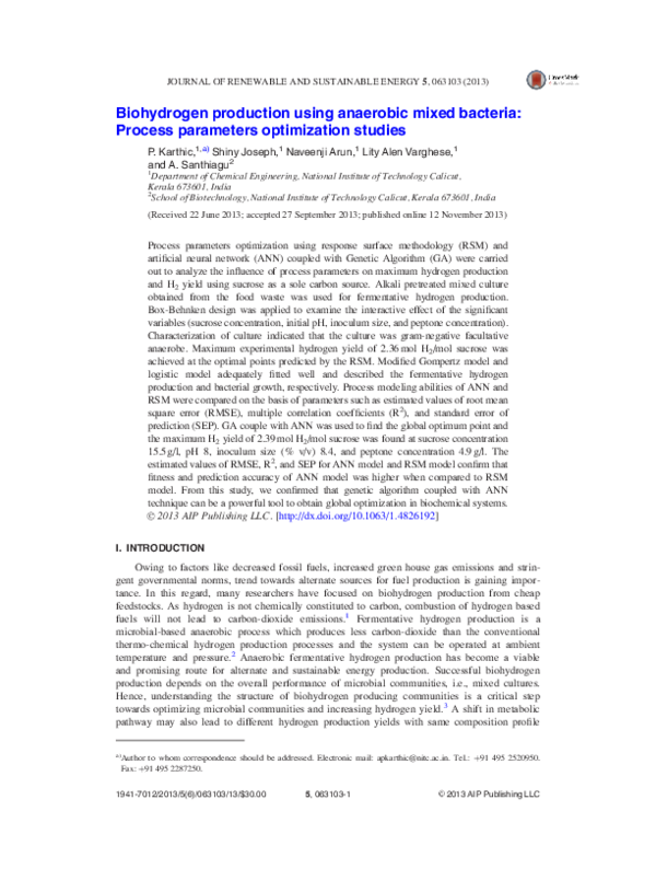 (PDF) Biohydrogen production using anaerobic mixed bacteria: Process parameters optimization studies