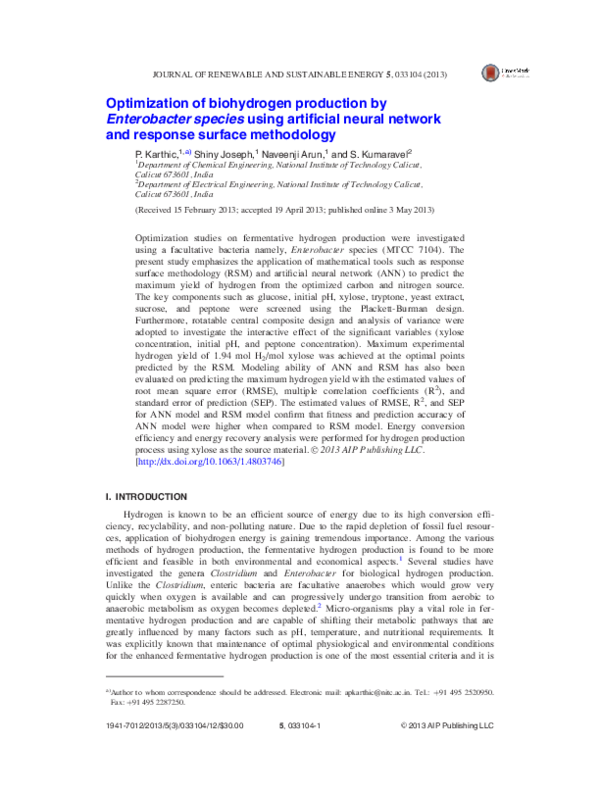 (PDF) Optimization of biohydrogen production by Enterobacter species using artificial neural ...