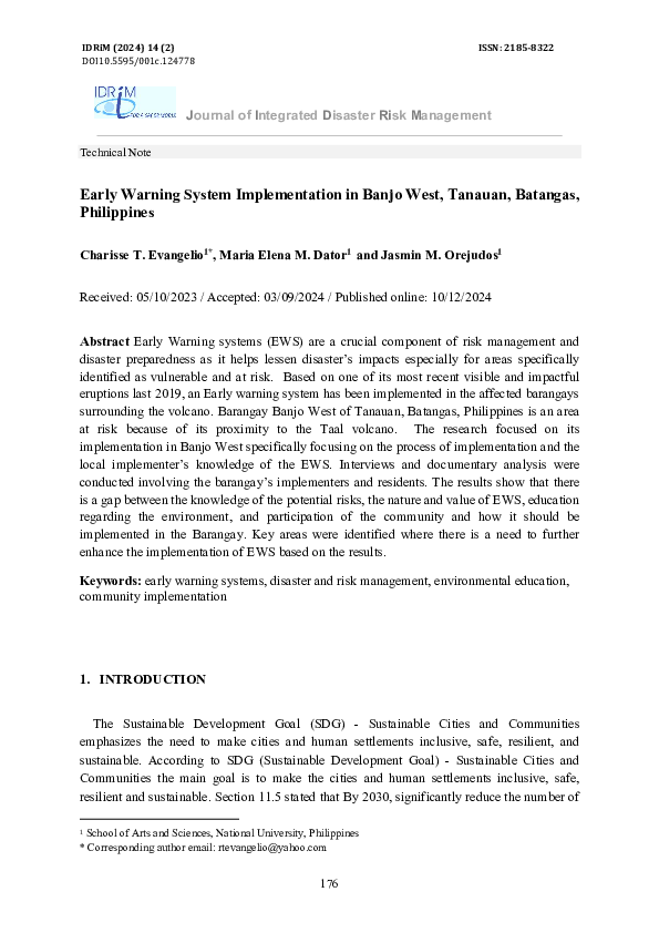 (PDF) Early Warning System Implementation in Banjo West, Tanauan, Batangas, Philippines