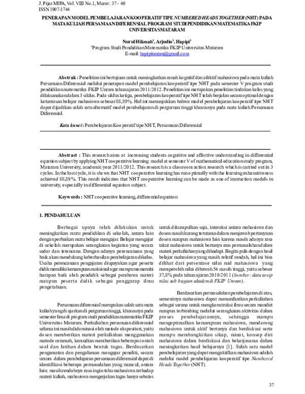 (PDF) Penerapan Model Pembelajaran Kooperatif Tipe Numbered Heads Together (NHT) Pada Mata ...