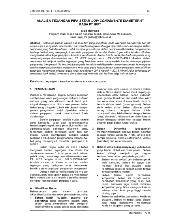 (PDF) Analisa Tegangan Pipa Steam Low Condensate Diameter 6” Pada PT Ikpt