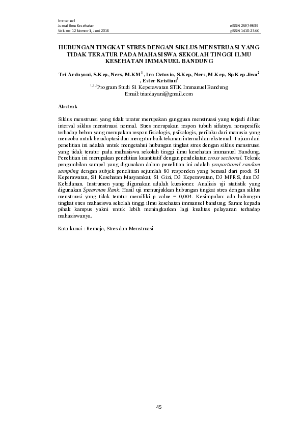 (PDF) Hubungan Tingkat Stres Dengan Siklus Menstruasi Yang Tidak Teratur Pada Mahasiswa Sekolah ...