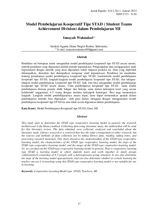 (PDF) Model Pembelajaran Kooperatif Tipe STAD ( Student Teams Achievement Division) dalam ...
