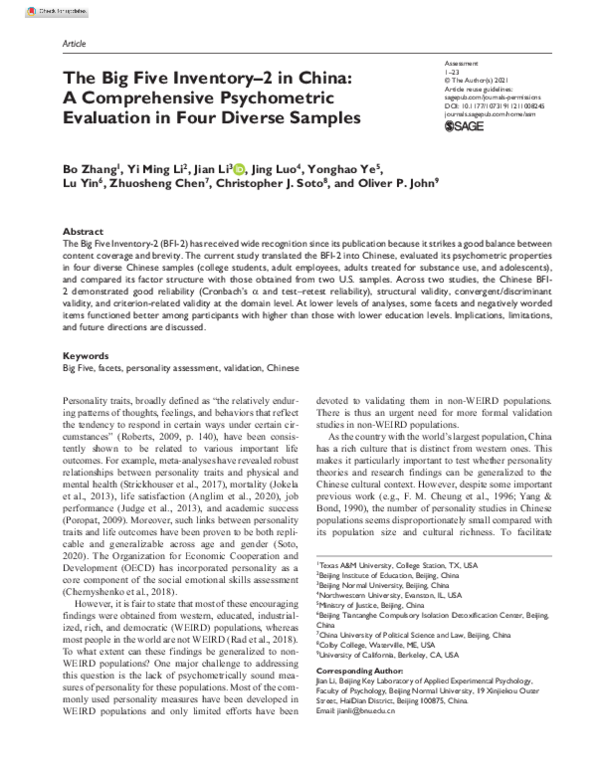 (PDF) The Big Five Inventory–2 in China: A Comprehensive Psychometric ...