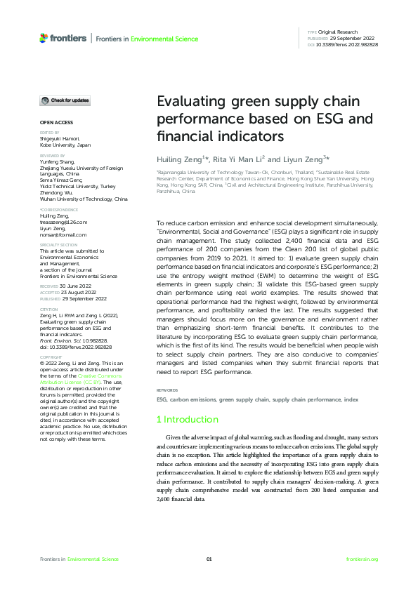 (PDF) Evaluating green supply chain performance based on ESG and financial indicators