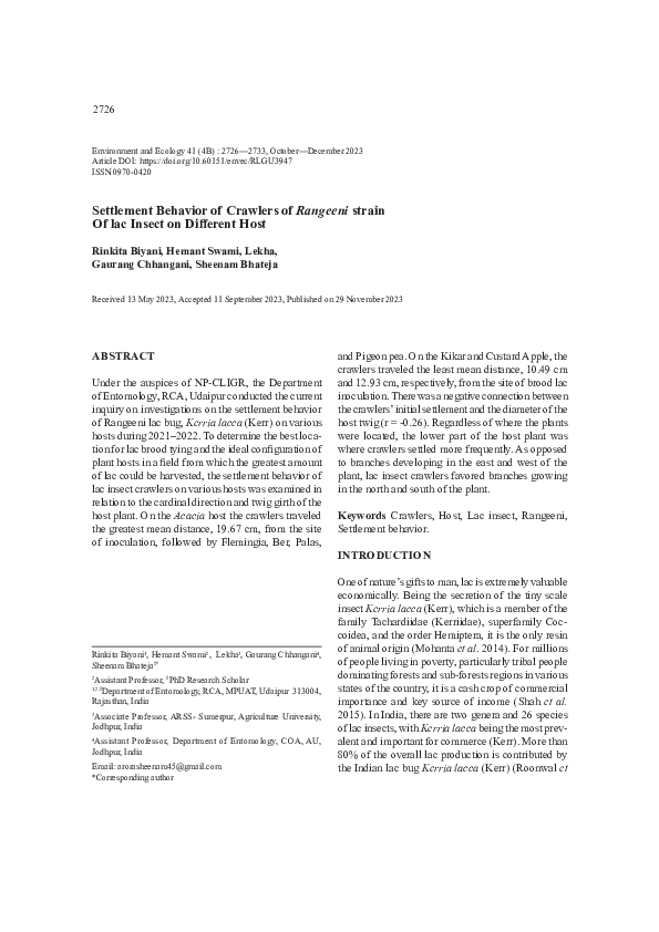 (PDF) Settlement behavior of crawlers of Rangeeni strain of lac insect ...