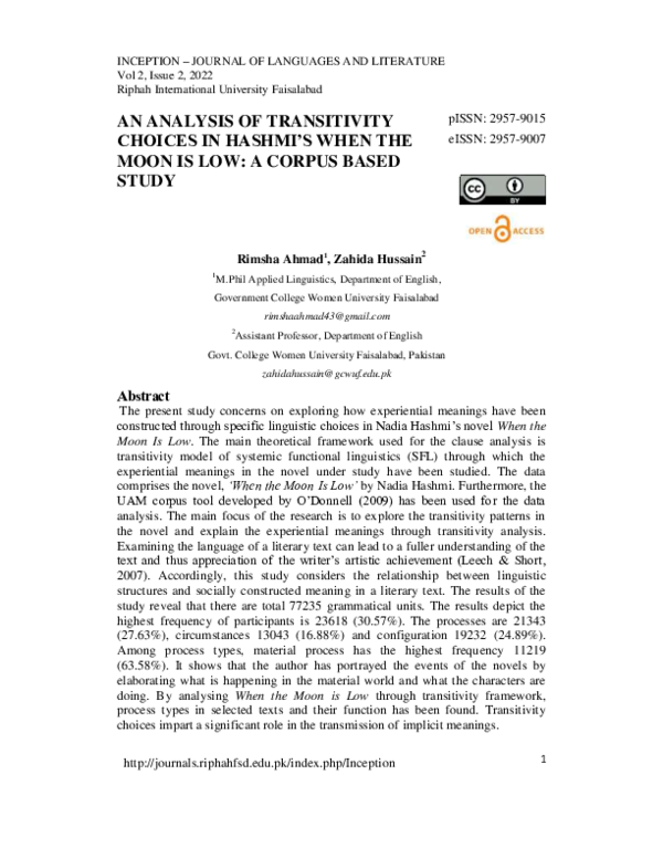 (PDF) An Analysis of Transitivity Choices in Hashmi’s When the Moon is Low