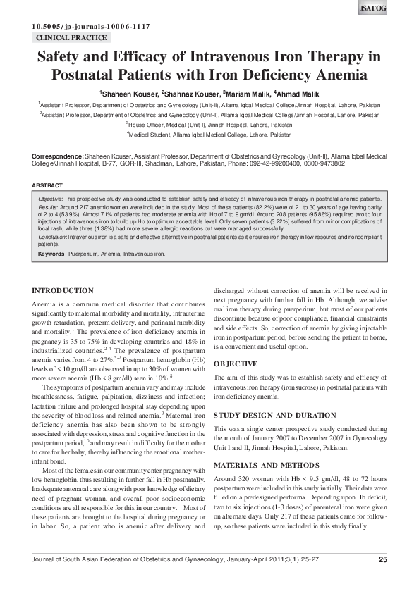 (PDF) Safety and Efficacy of Intravenous Iron Therapy in Postnatal ...