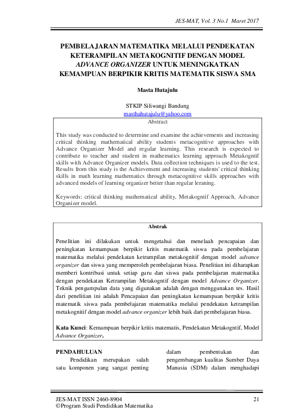 (PDF) Pembelajaran Matematika Melalui Pendekatan Keterampilan Metakognitif Dengan Model Advance ...
