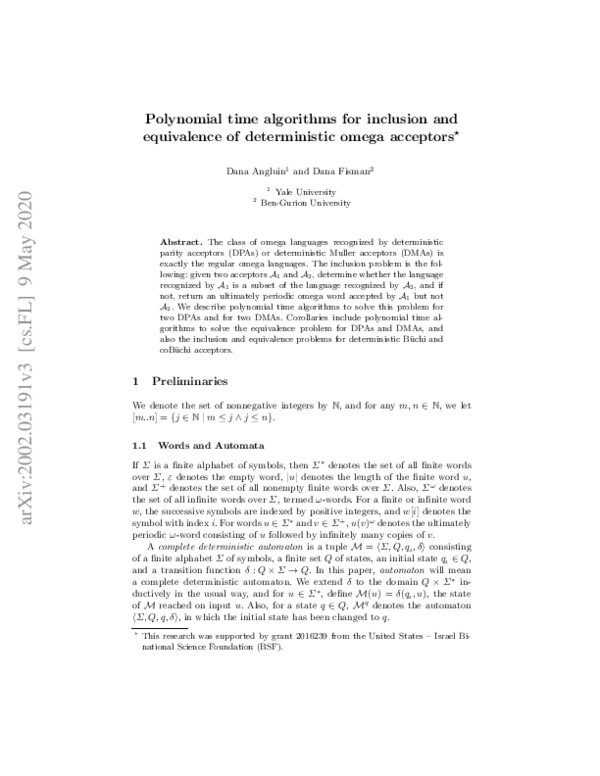 (PDF) Polynomial time algorithms for inclusion and equivalence of deterministic omega acceptors