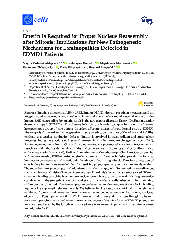 (PDF) Emerin Is Required for Proper Nucleus Reassembly after Mitosis ...