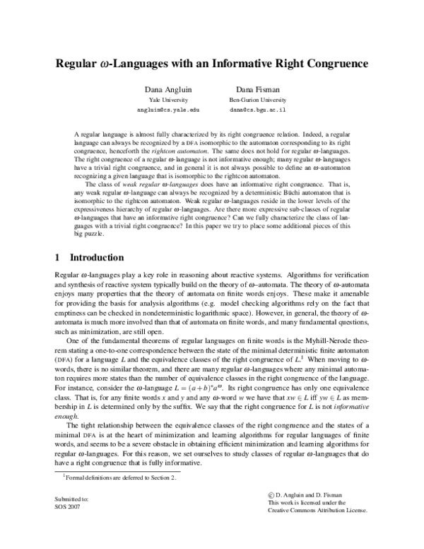 (PDF) Regular ω-languages with an informative right congruence