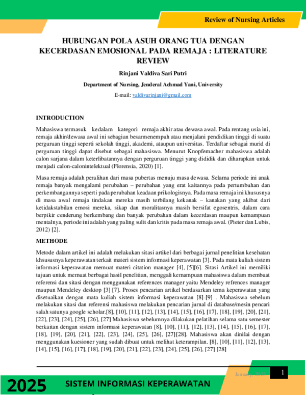 (PDF) HUBUNGAN POLA ASUH ORANG TUA DENGAN KECERDASAN EMOSIONAL PADA REMAJA : LITERATURE REVIEW