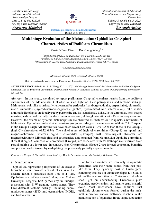 (PDF) Multi-stage Evolution of the Mehmetalan Ophiolite: Cr-Spinel ...