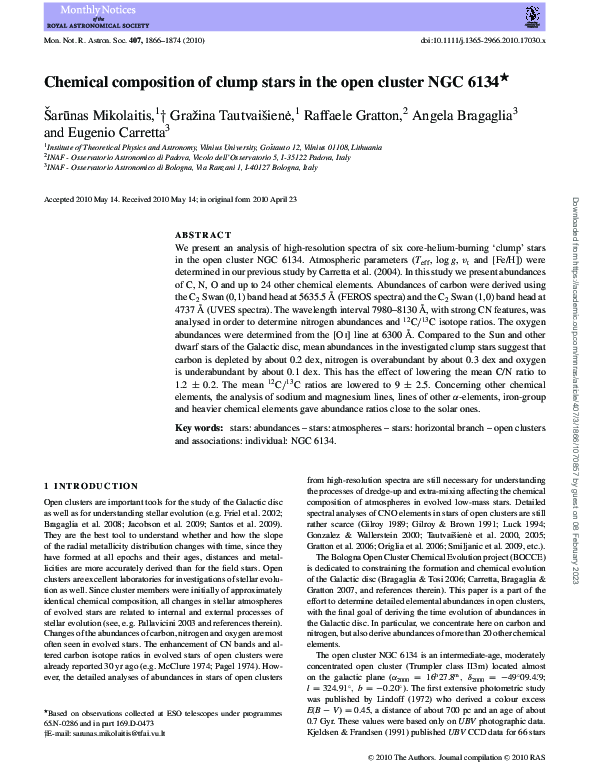 (PDF) Chemical composition of clump stars in the open cluster NGC 6134★