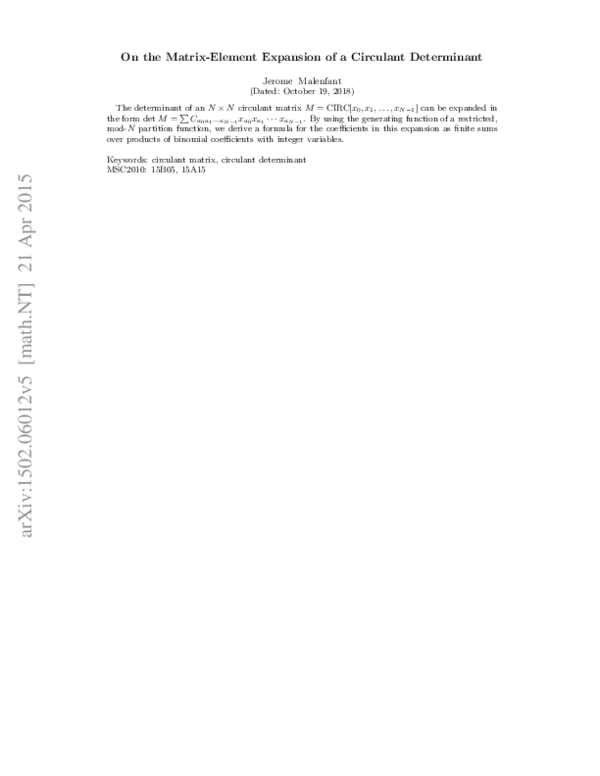 (PDF) On the Matrix-Element Expansion of a Circulant Determinant