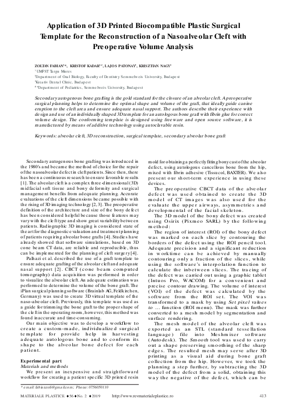 (PDF) Application of 3D Printed Biocompatible Plastic Surgical Template ...