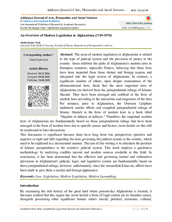 (PDF) An Overview of Modern Legislation in Afghanistan (1749-1978)
