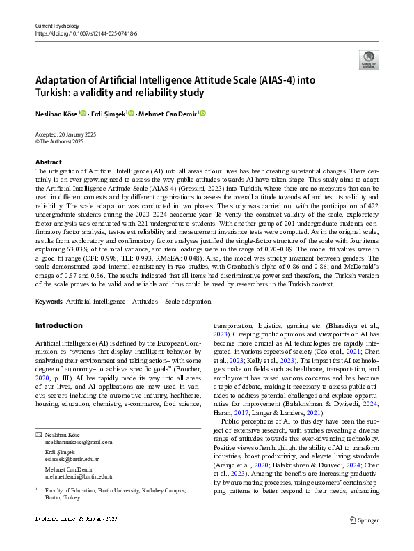 (PDF) Adaptation of Artificial Intelligence Attitude Scale (AIAS-4) into Turkish: a validity and ...