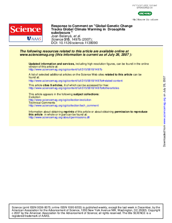 (PDF) Global Genetic Change Tracks Global Climate Warming inDrosophila ...