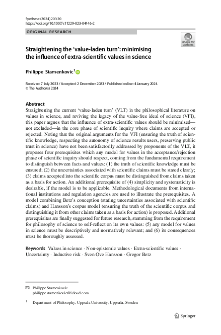 (PDF) Straightening the ‘value-laden turn’: minimising the influence of extra-scientific values ...