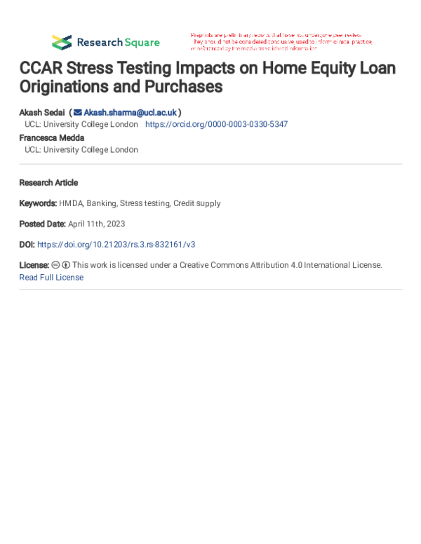 (PDF) CCAR Stress Testing Impacts on Home Equity Loan Originations and ...