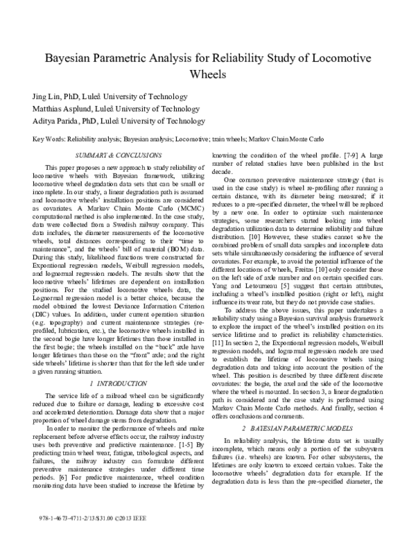 (PDF) Bayesian parametric analysis for reliability study of locomotive wheels