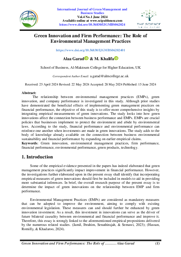 (PDF) Green Innovation and Firm Performance: The Role of Environmental Management Practices