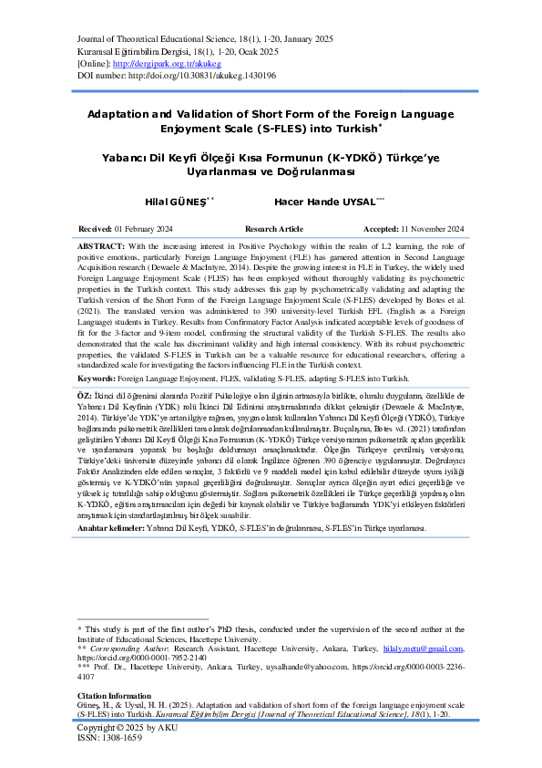 (PDF) Adaptation and Validation of Short Form of the Foreign Language Enjoyment Scale (S-FLES ...