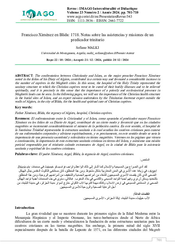 (PDF) Francisco Ximénez en Blida: 1718. Notas sobre las asistencias y misiones de un predicador ...