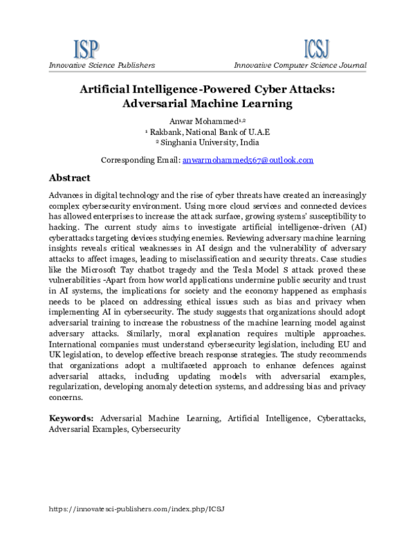 (PDF) Artificial Intelligence-Powered Cyber Attacks: Adversarial Machine Learning