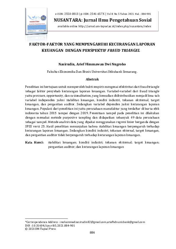 (PDF) Faktor-Faktor Yang Mempengaruhi Kecurangan Laporan Keuangan Dengan Perspektif Fraud Triangel
