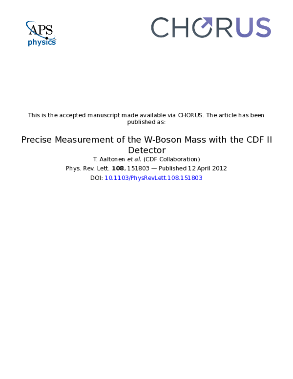 (PDF) Precise Measurement of theW-Boson Mass with the CDF II Detector