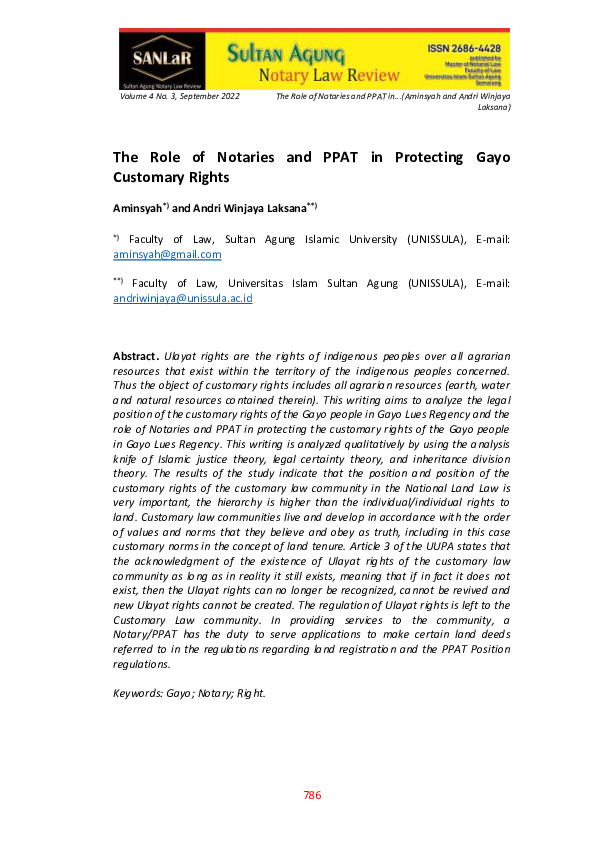 (PDF) The Role of Notaries and PPAT in Protecting Gayo Customary Rights
