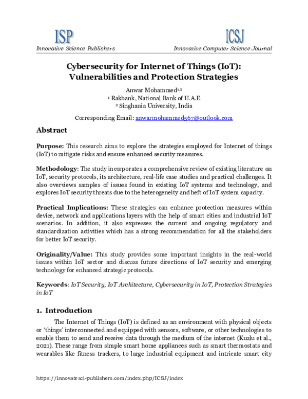 (PDF) Cybersecurity for Internet of Things (IoT): Vulnerabilities and Protection Strategies